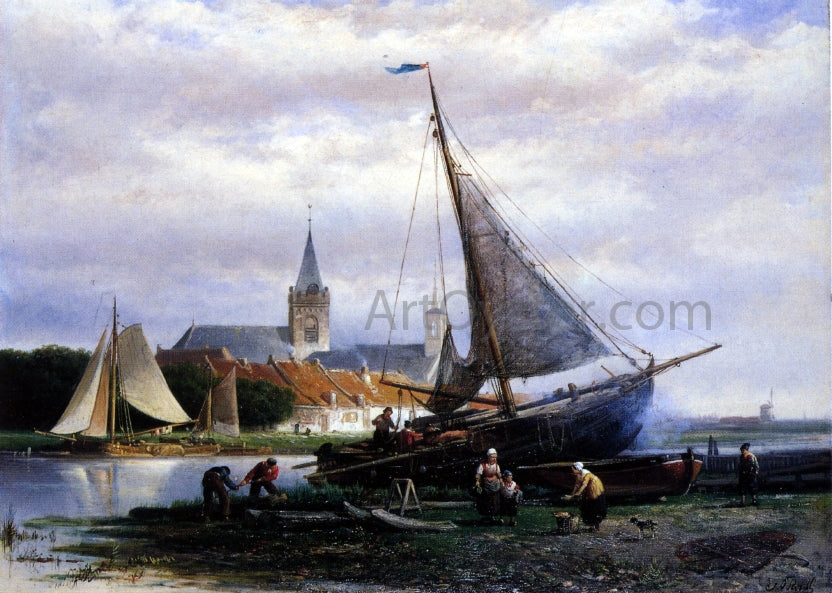 Johan Adolph Rust River Landscape with a Fishing Boat on a Shipyard, a ...