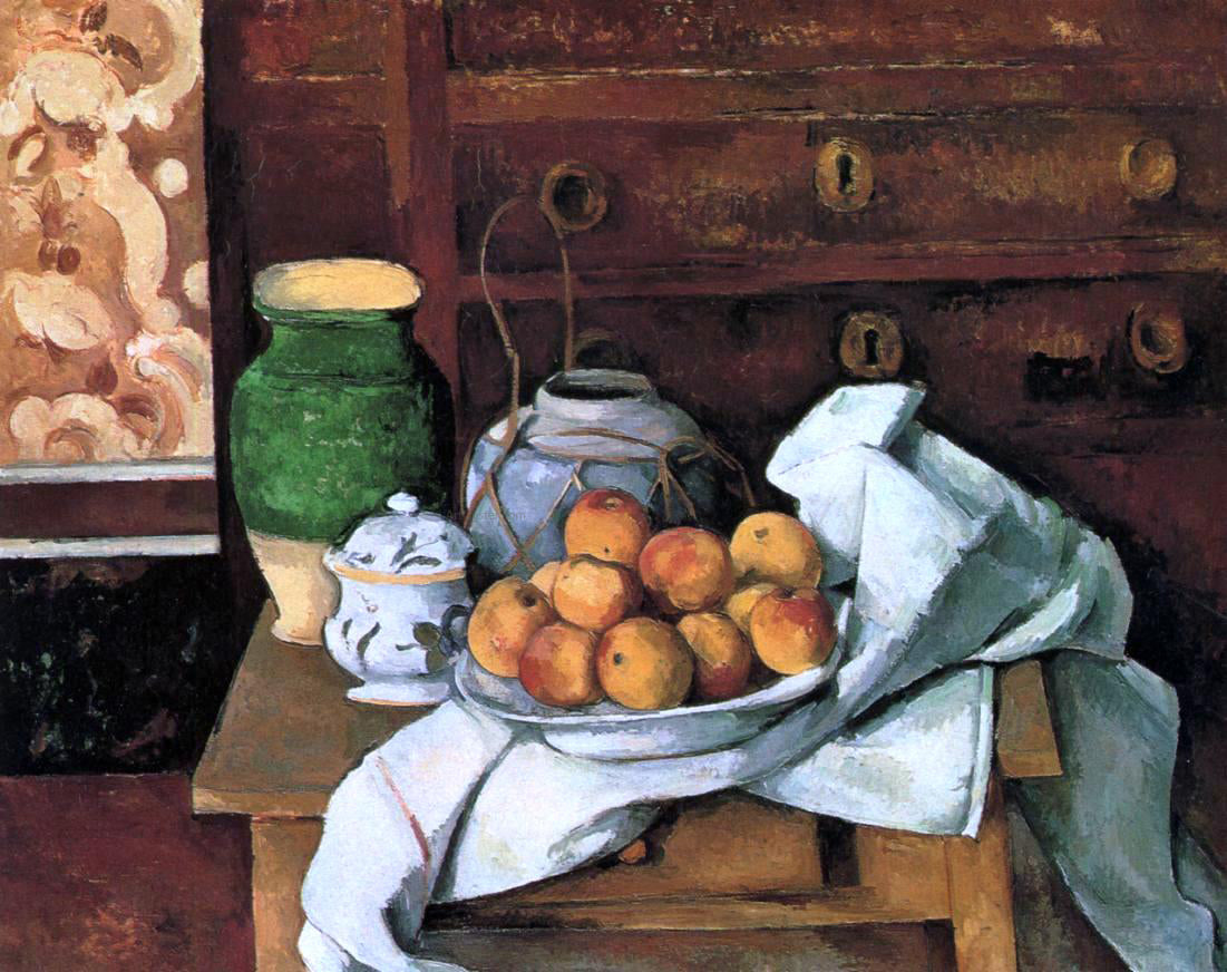 Paul Cezanne Vessels, Fruit and Cloth in front of a Chest Art Print ...